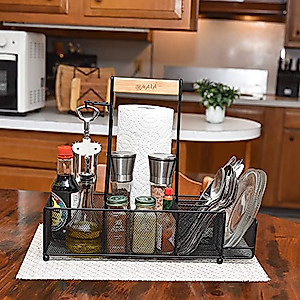 OMAIA BBQ and Grill Caddy with Paper Towel Holder, Wood Handle & 2 Hooks – Camper Accessories Condiment Caddy – Plates, Cutlery and BBQ Organizer for Camping Outdoor, RV - US Patent Pending