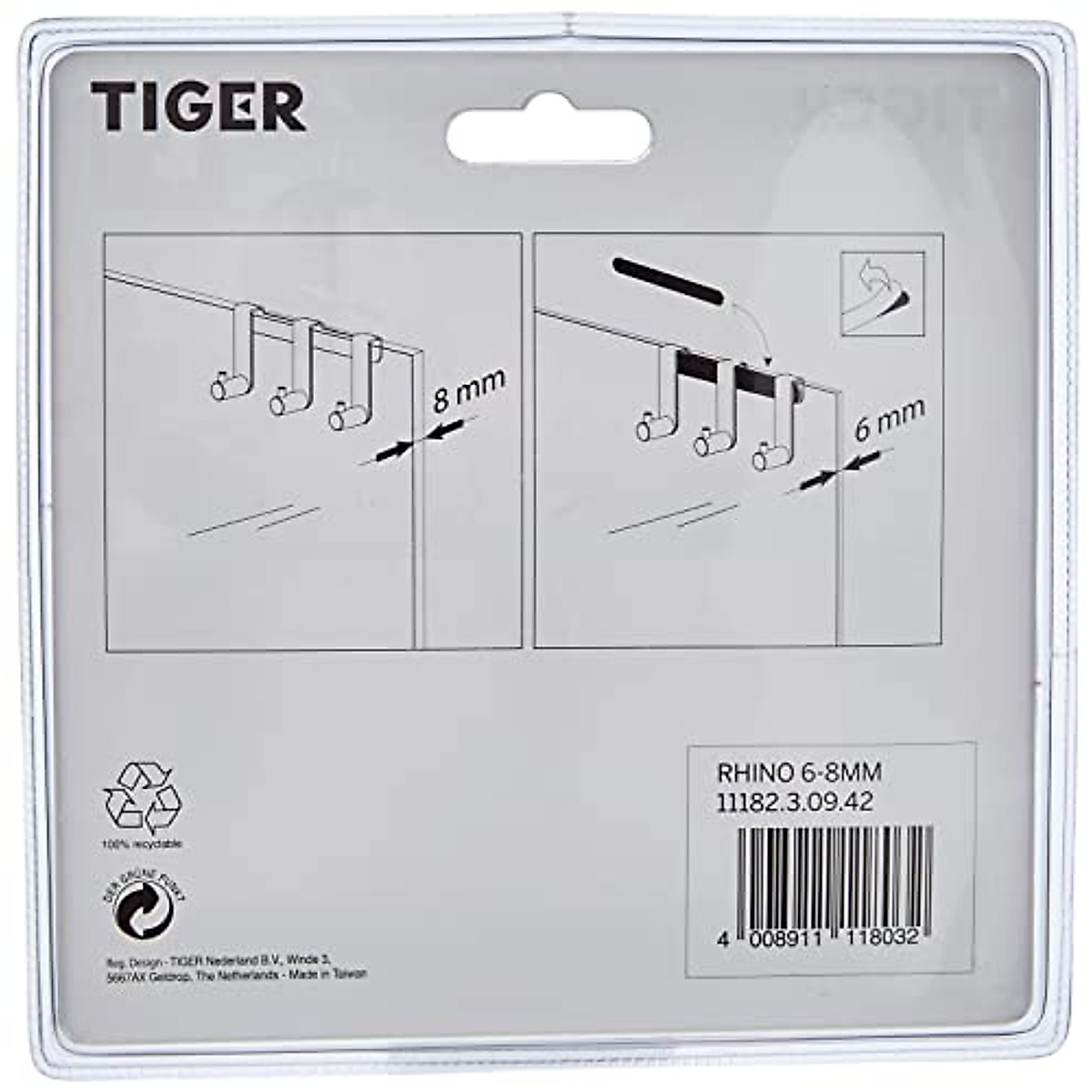 Tiger Rhino for Shower Doors 6-8 mm Brushed Stainless Steel Hooks, One Size