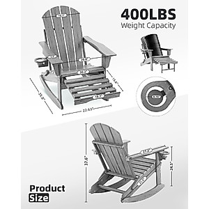 Serique Folding Adirondack Rocking Chair,4-in-1 Multifunctional Patio Chair with Retractable Ottoman, Outdoor Chair Wood Texture, Lawn Chair for Porch, Backyard, Pool(Grey)