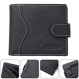 Amosfun Button Wallets for Men snap Wallet with Zipper Coin Pocket Mens Leather- Mens Wallet Buckle Stitching Wallet Coin- Purse Storage Bag (Black)