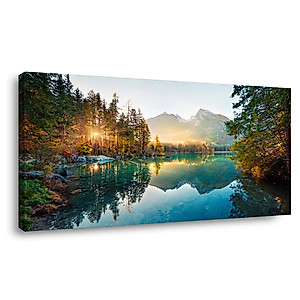 Autumn Lake Large Stretched Canvas Wall Art For Living Room Bedroom Home Decoration, Mordern Morning Sunrise View Print Picture Painting Decor Giclee Artwork, Gallery Wrapped Gift, Inner Frame 20x40