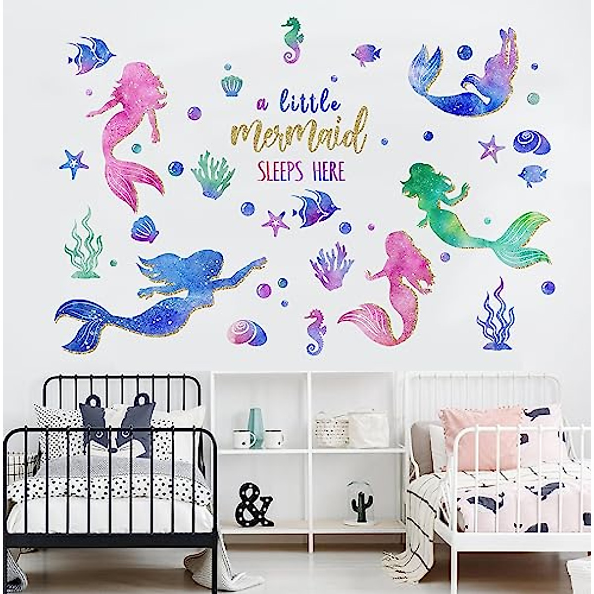 Yovkky Baby Girls Mermaid Wall Decals Stickers, Under The Sea Ocean Creatures Fish Conch Bubble Glitter Nursery Kids Room Crib Decor, A Little Mermaid Sleeps Here Home Decorations Bedroom Art