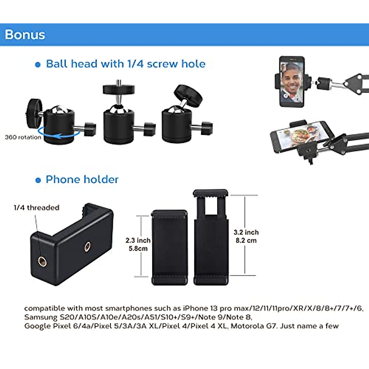 Overhead Tripod Mount for Camera Webcam Ring Light, Flexible Over Head Arm for iPhone with Phone Holder and Ball Head, Table Stand Accessory for Phone Video Recording Live Stream