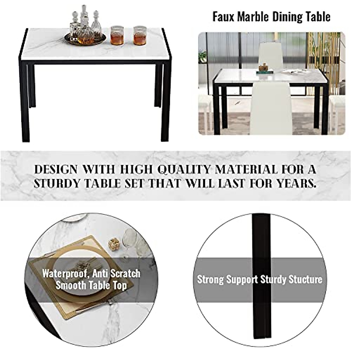 Lamerge Faux Marble Dining Table Set for 4,5 Piece Dining Room Table Set,Rectangular Table and 4 PU Leather Chairs for Living Room,Dining Room,Breakfast Nook,White&Beige, (LMDS-Wbe)