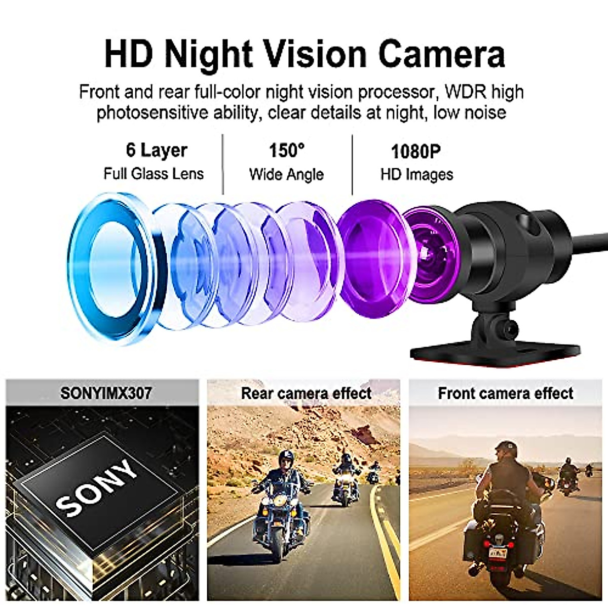 VSYSTO WiFi Motorcycle Dash Cam, 2 Inch Screen All Waterproof HD 1080P WDR SONY307 150° Wide Angle Fisheye Lens Front and Rear Camera, Night Vision, G-Sensor Loop Recording (Black-2Inch)