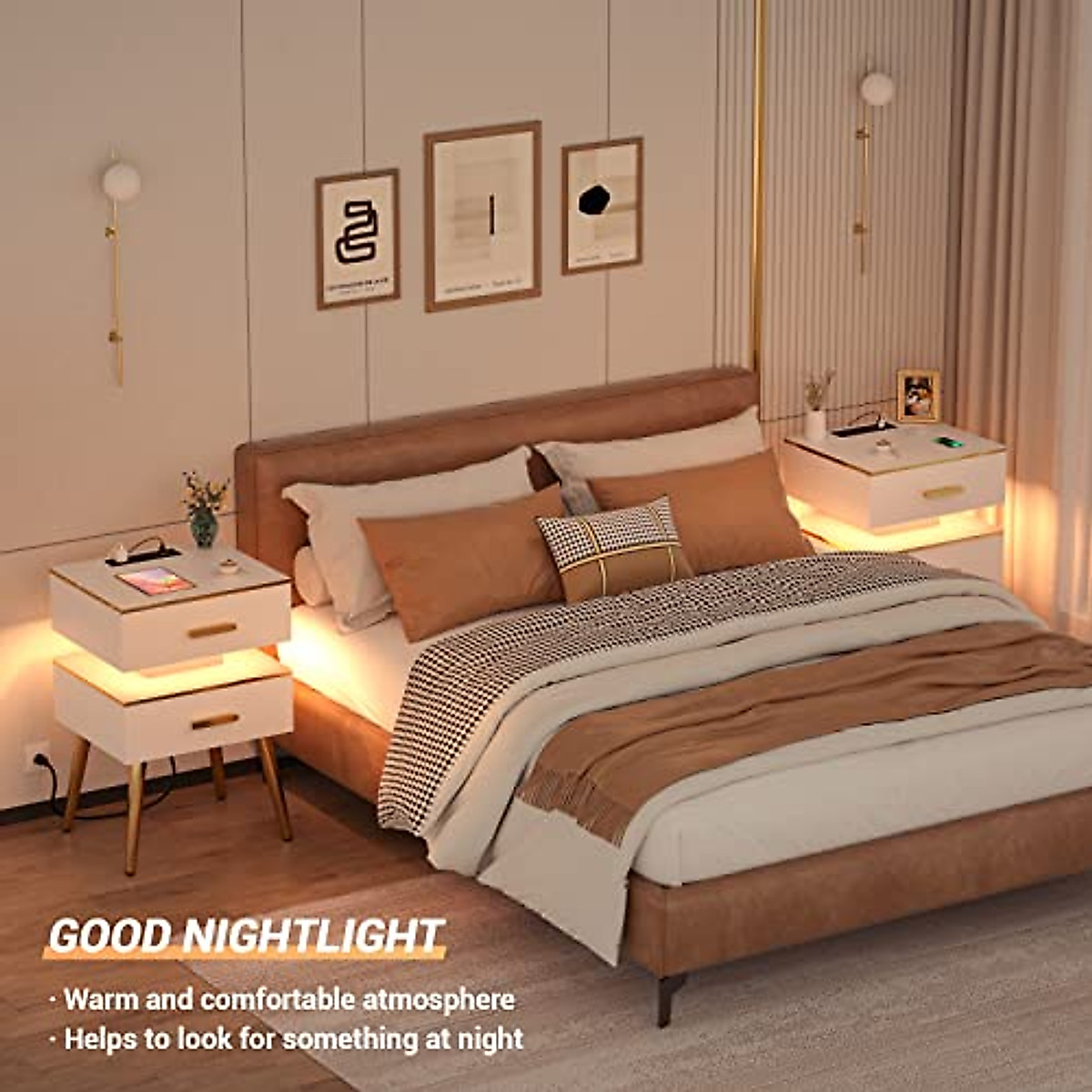 Cyclysio 28.5'' White Nightstand with Charging Station, Tall Bedside Tables with Led Lights, Bed Side Table Night Stand with Drawers for Bedroom and Sofa Side, Bright White Finishing