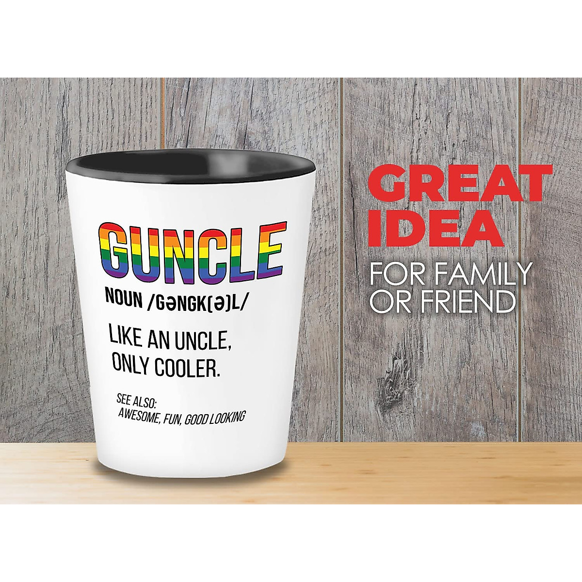 Bubble Hugs LGBTQ Shot Glass 1.5oz - Guncle Definition - LGBT Uncle LGBTQ Men's Pride Funny Gay Uncle Uncle Birthday Proud Ally Rainbow Love Equality Gay Lesbian