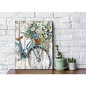 LAIART Farmhouse bathroom wall decor canvas art blue Retro bike picture print flower artwork for bedroom dining living room(11''x15)