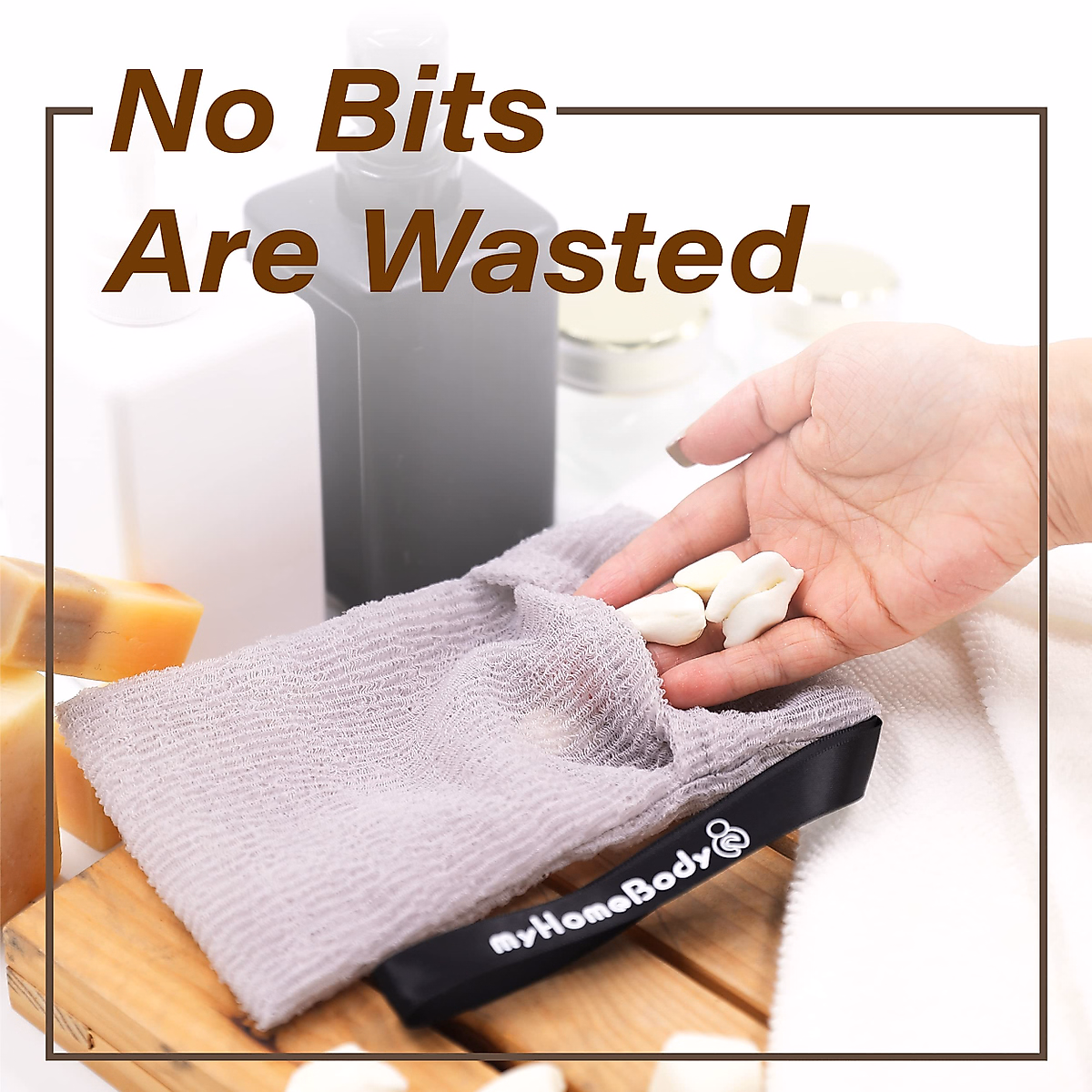 myHomeBody Soap Pocket Exfoliating Soap Saver Pouch, Body Scrubber Sponge, Exfoliator for Bath or Shower, for Large Bar Soap or Leftover Bits, White Smoke, 2 Pack + 2 Soap Lifting Pads