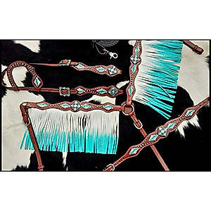 Turquoise and White Leather Laced One Ear 4 Piece Headstall and Breast Collar Set with Fringe.