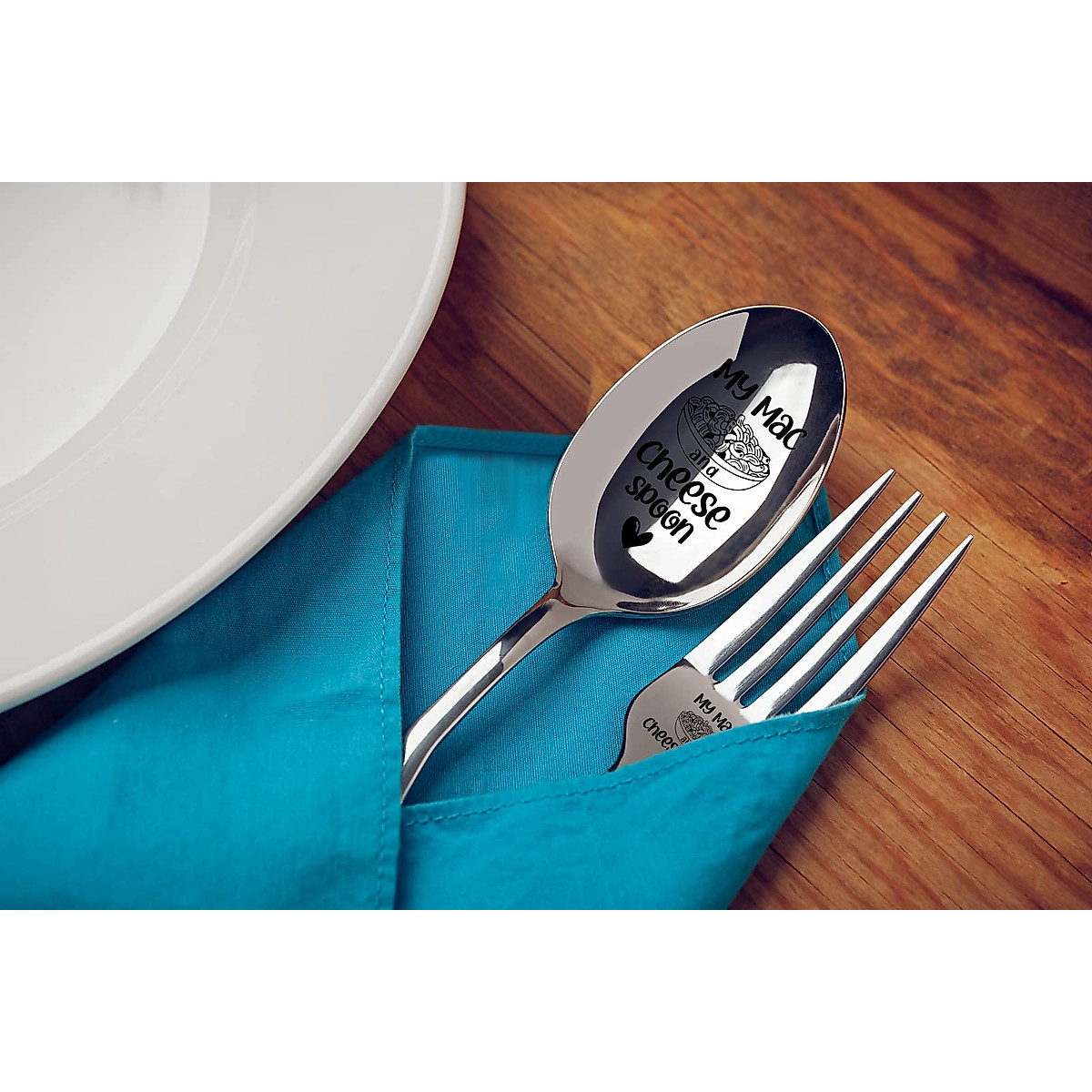 HSSPIRITZ 2 Pieces My Mac and Cheese Stainless Engraved Spoon Fork Set, Kitchen Restaurant Long Handle Dinner Spoons and forks for Friends,Women,Sister Birthday Cheese macaroni Lovers Christmas Gifts