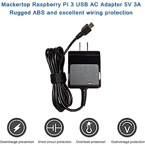 Mackertop 5.25V 3A Micro USB Wall Charger for Raspberry Pi 3 B+ Power Supply Includes 1.8M (5.4 Ft) Power Cord