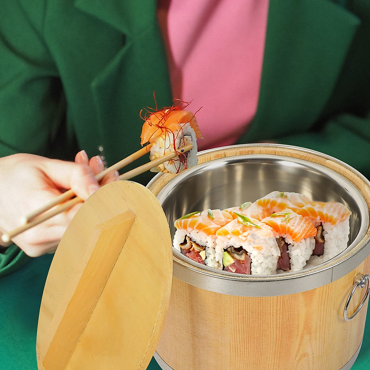 Hemoton Sushi Rice Cooling Bowl Wooden Rice Bucket Wooden Hangiri Sushi Rice Mixing Tub with Lid Stainless Steel Rice Warmer Japanese Rice Cooking Tub