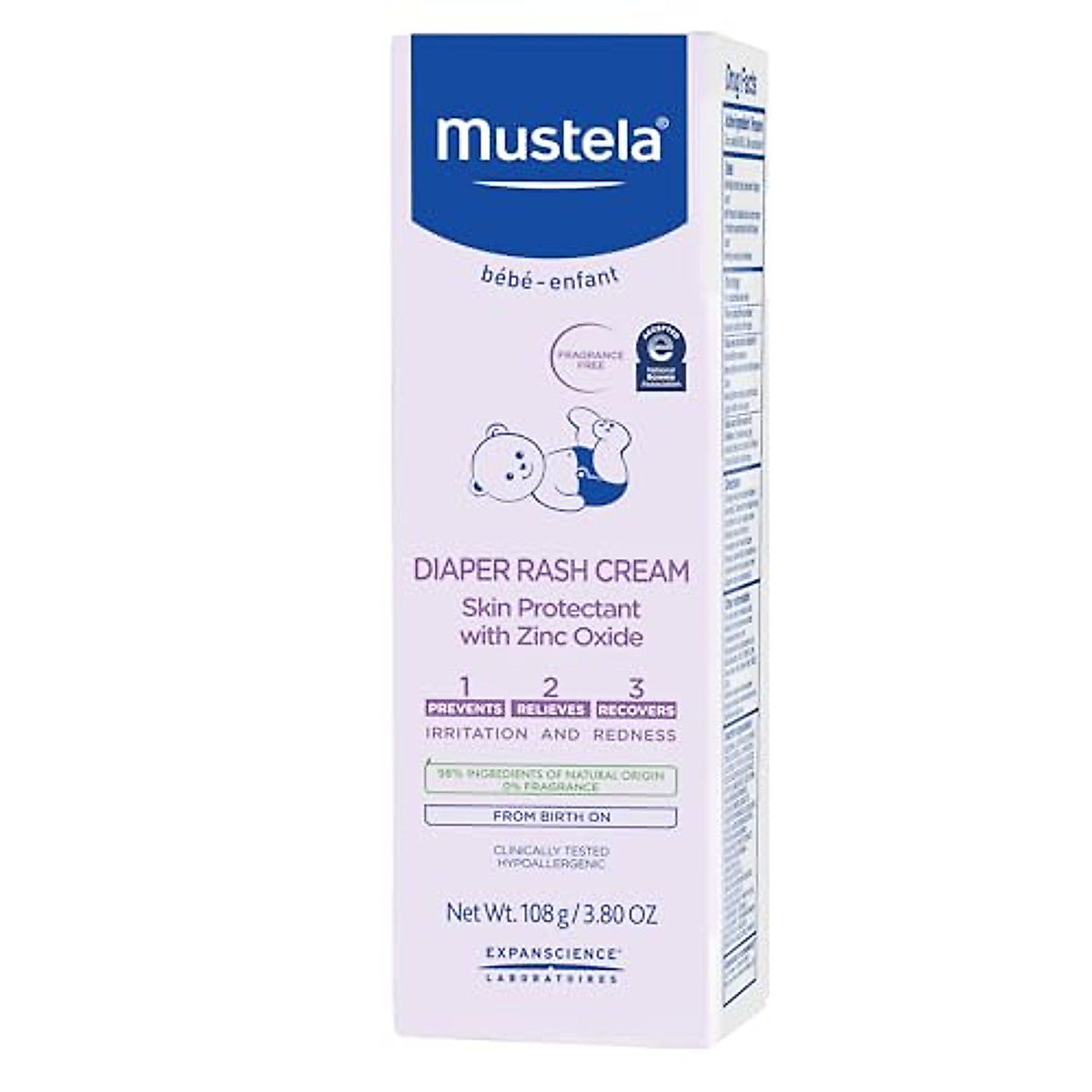 Mustela Baby Diaper Rash Cream 123 - Skin Protectant with Zinc Oxide - Fragrance Free & Paraben Free - with 98% Natural Ingredients - 3.8 Oz (Pack of 3)