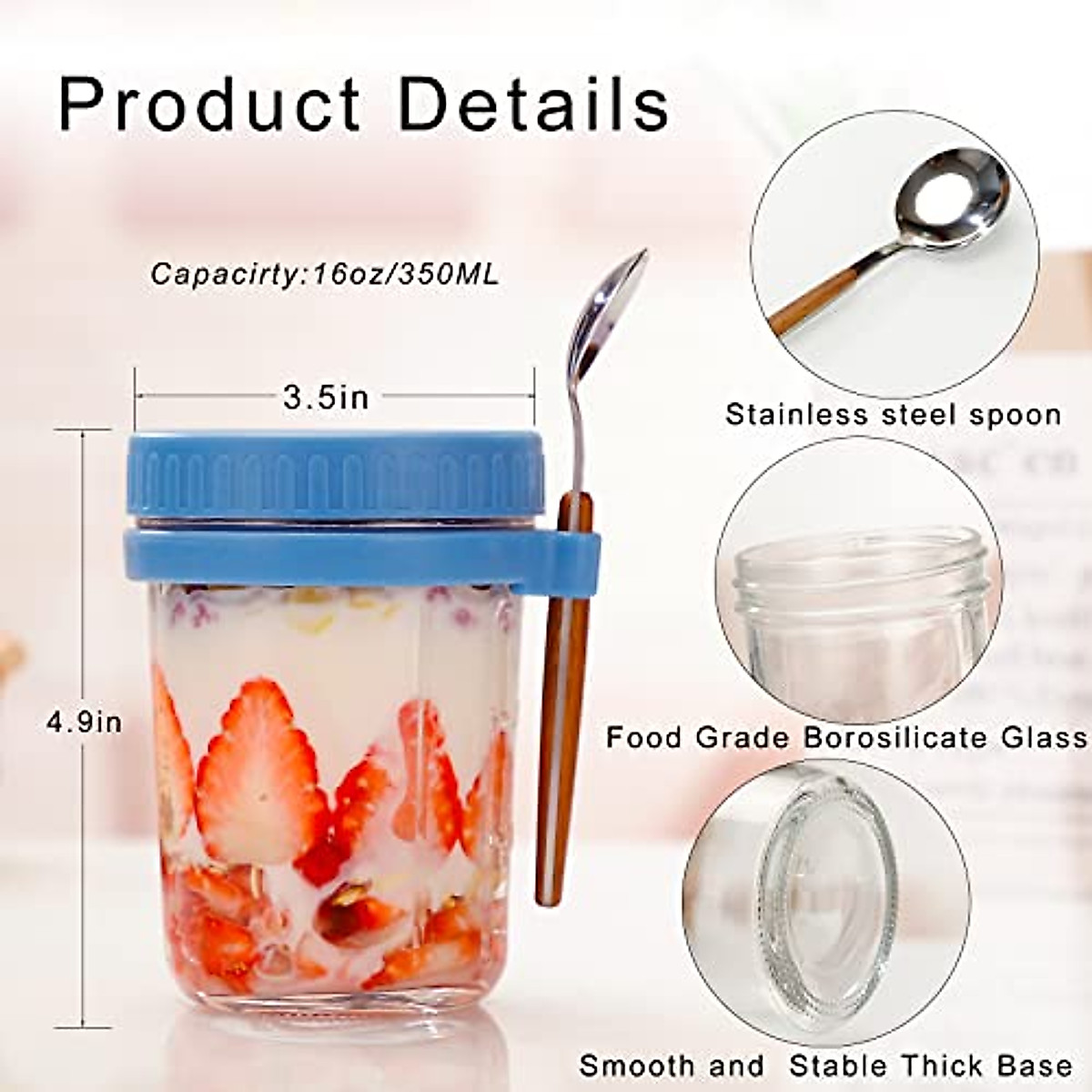 4 Pack Food Grade Overnight Oats Containers with Lids and Spoon, 16 oz Mason Jars for Overnight Oats with Measurement Marks, Large Capacity Airtight Oats Jars for Cereal Milk Yogurt Vegetable Fruit