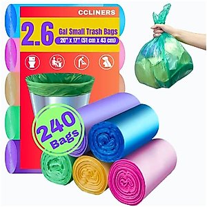 Small Trash Bags CCLINERS 2.6 Gallon Garbage Bags 240 Small Bathroom Trash Can Liners for Home Kitchen and Office fit 2 Gallon, 3 Gallon (240 Ct, 5 Colors)