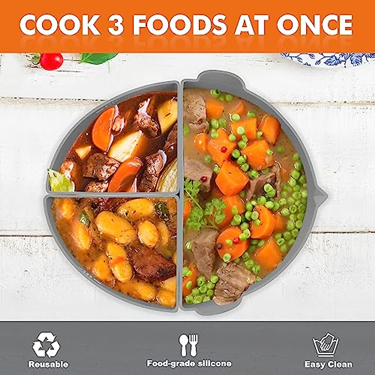 LARMAZEN Silicone Slow Cooker Liners for 6 QT Crock pot & Hamilton Pot, Allows Cooking 3 Foods At Once,Reusable Slow Cooker Divider Insert,Leakproof/Dishwasher Safe/BPA Free (Grey)