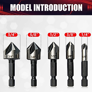 wesleydrill 5 pcs Countersink Drill Bit Set，82 Degree Counter Sink， Fit for Sink Holes into Most Machinable Metals, Plywood, Softwood, Hardwood, Fiberglass Plastic, Mild Steel