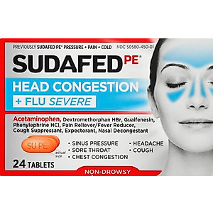 Sudafed PE Head Congestion + Flu Severe Decongestant Tablets for Adults, 24 ct