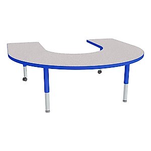 Sprogs Adjustable Height Mobile Classroom Activity Table for Preschools, Horseshoe Preschool Activity Table with Casters, 60"L x 66"W x 23"H, Gray/Blue