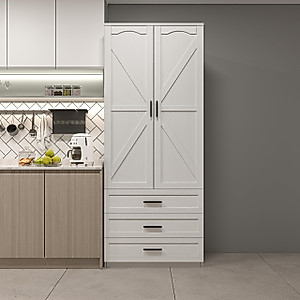 FJTJBSI 72" LED Kitchen Pantry Cabinet with 3 Drawers Farmhouse Tall Storage Cabinet Wood Food Pantry with Barn Doors and Adjustable Shelves Versatile Storage Freestanding Cupboard for Kitchen