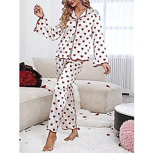 Verdusa Women's Satin Pajama Sets Sleepwear Heart Print Button Up Shirt and Pants White M
