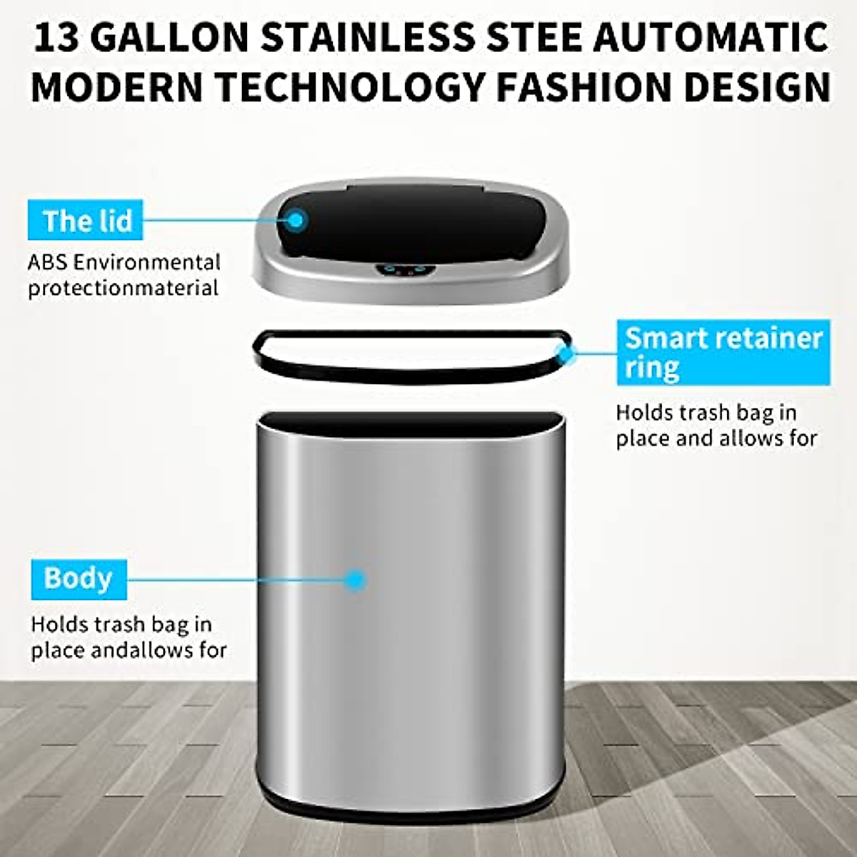 Bigacc 13 Gallon Touch-Free Automatic Stainless-Steel Trash Can Garbage Can Metal Trash Bin with Lid for Kitchen Living Room Office Bathroom, Electronic Motion Sensor Automatic Closure & Opening
