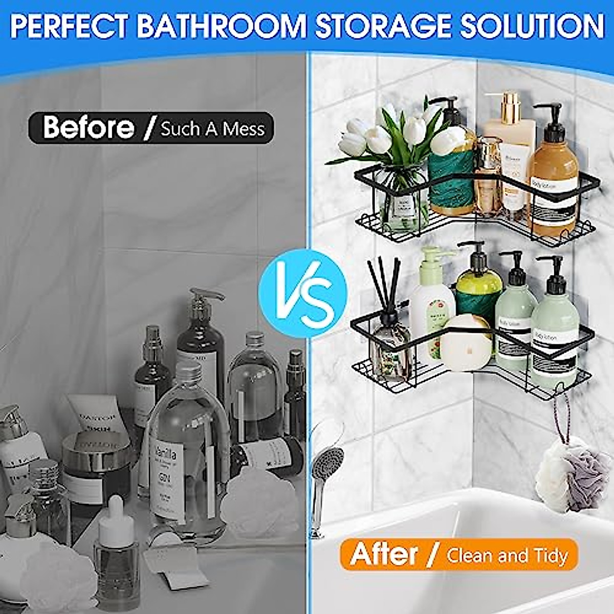 Corner Shower Caddy, 5 Pack Adhesive Organizer Stainless Steel Bathroom Shelves with Holder & 14 Hooks No Drilling Wall Mounted Storage Rack Shelf for Inside Shower, Black