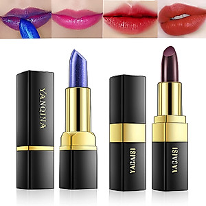 Yeweian 2 Pcs Magic Black Blue Lipstick Set, Shimmer Color Changing Lipstick(Blue Changed into Pink,Black Change into Brick Red),Natural Moisturizing Lip Balm Labiales Magicos Nutritious Lazy Lipstick