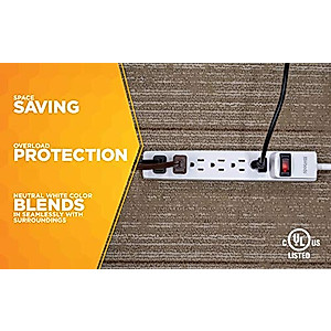 Woods 41434 Power Strip with 6 Outlets and Overload Safety Feature, 6 Foot Cord, White