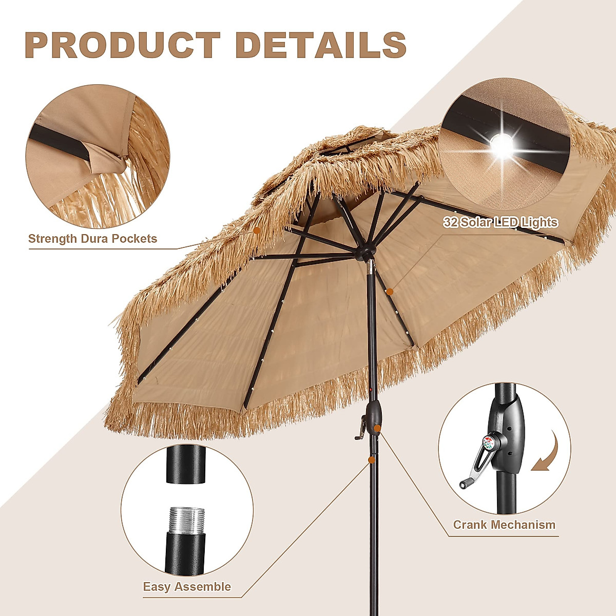 Saemoza 9ft Thatched Patio Tiki Umbrella with Tilt, 32 built-in LED lights 2 Tier Hawaiian Style Beach Patio Umbrella (NO Base)
