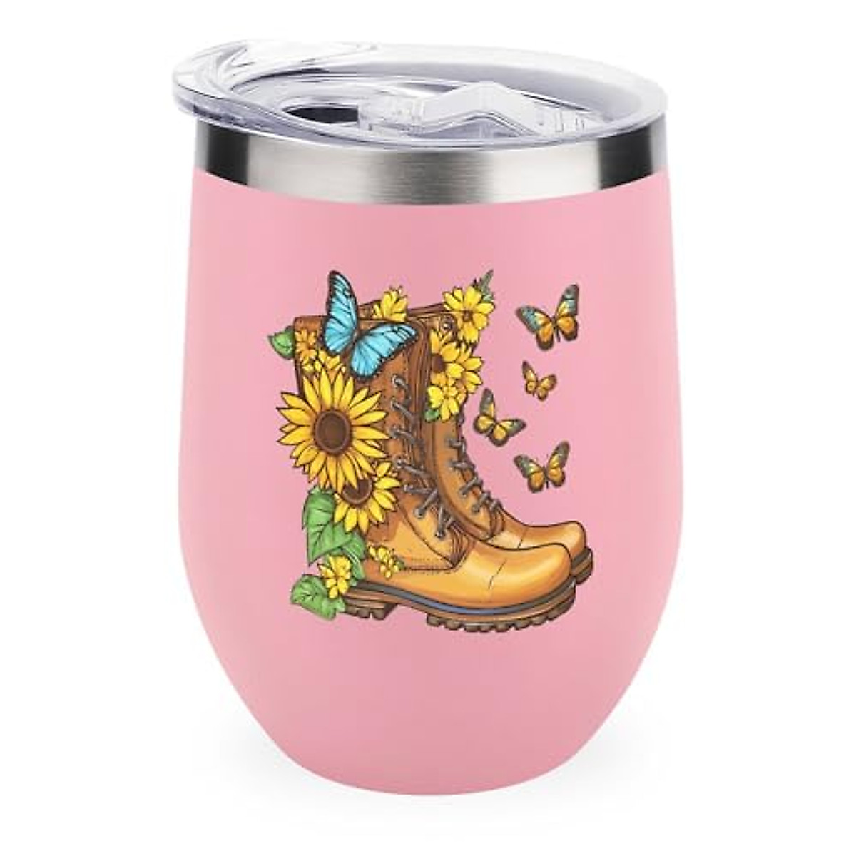 Boots Butterfly Sunflower Flowers Insulated Tumbler with Lid Stainless Steel Coffee Mug Cute Wine Tea Water Cup Pink-style