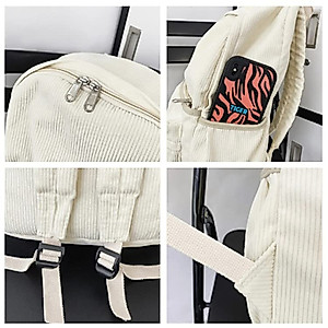 MININAI Preppy Corduroy Backpack Aesthetic Backpack 15.6 inch Laptop College Backpack Cute Book Bag Travel Rucksack Daypack (One Size,White)