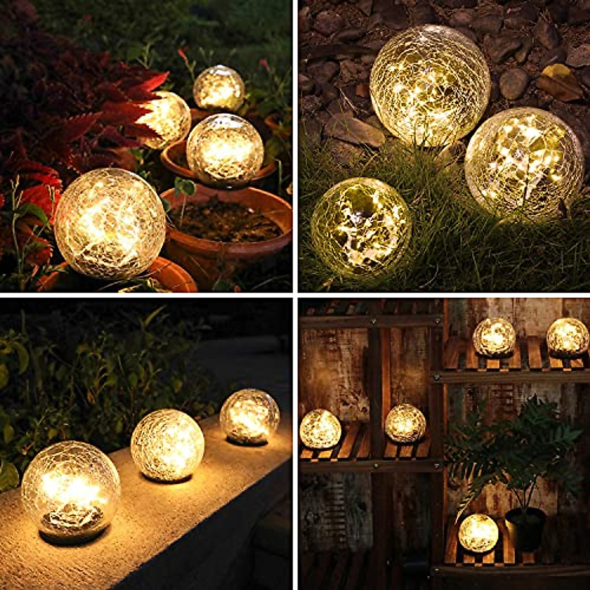 JIALINXIA Solar Lights Outdoor Garden Decor, 2 Pack Cracked Glass Ball Waterproof Warm White LED for Outside Decorations Pathway Patio Yard Lawn Gardening Gifts Accessories, 2 Globe (3.9")