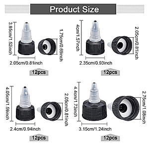 BENECREAT 48PCS 4 Sizes Natural Twist Bottle Cap Black Squeeze Bottle Replacement Caps for Glue Dispensing Bottles, Crafts Repair and Art