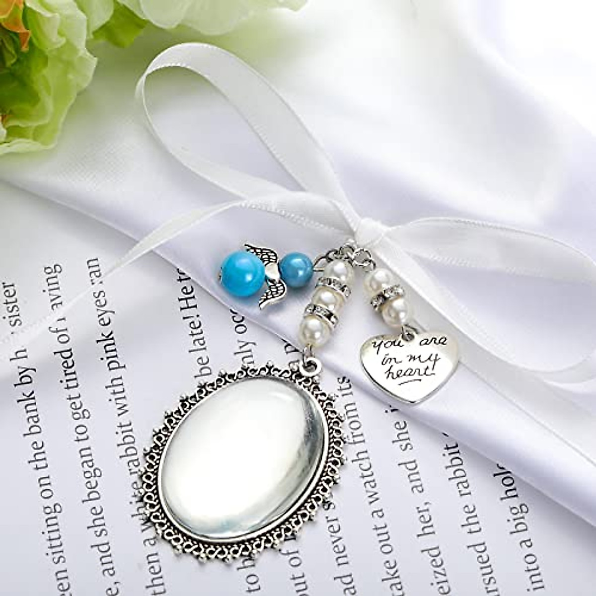 Wedding Bouquet Charm Bouquet Charms for Wedding Memory Bridal Lacy Oval Bridal Charm Bride Angel Charm Memorial Photo Charm You Are Always in My Heart Charm for Bridal Party (Single Pendant Style)
