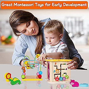Wooden Baby Toys Activity Cube 6-in-1 Play Center Bead Maze Animal Shape Sorter Learning Montessori Sensory Infant Easter Toys 6 12 9 18 Month 1 2 Year Old Development Toddler Boys Girls Easter Gift