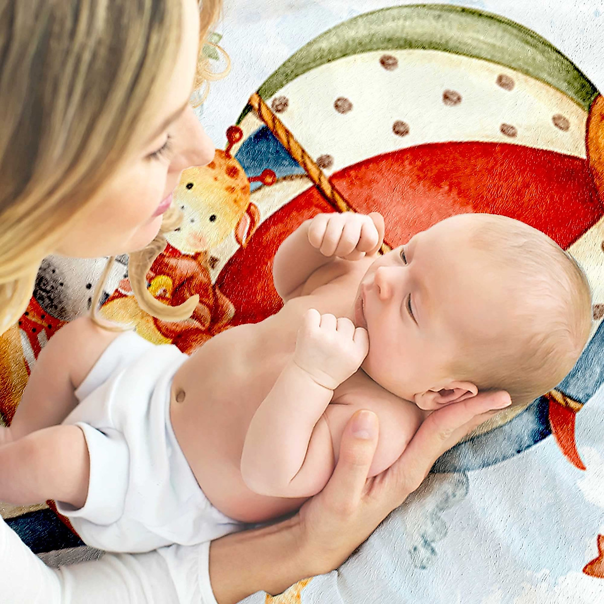 Pavo Personalized Safari Baby Blanket - Jungle Animals Baby Blanket - Customized Animals On Air Balloon - includes Bib & Onesie Option - Personalized Baby Gifts for Christmas, Thanksgiving, Shower