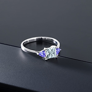 Gem Stone King 10K White Gold Sky Blue Aquamarine and Blue Tanzanite 3 Stone Engagement Ring For Women (0.84 Cttw, Gemstone March Birthstone, Princess Center 5MM, Trillion 3.5MM) (Size 7)
