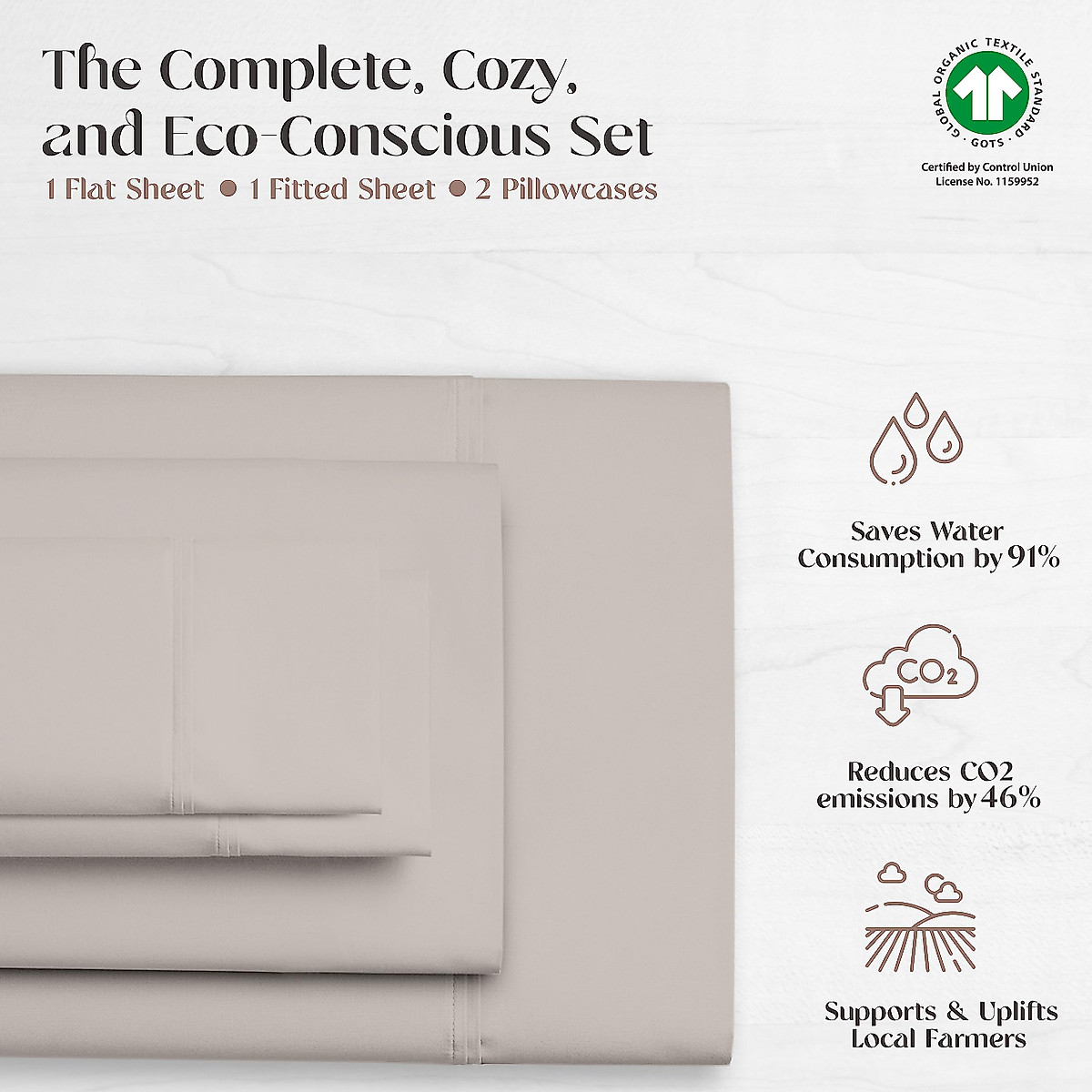 Carressa Linen 100% Organic Cotton Sheet Set King Size - 4 Piece Organic Sheets for King Bed, Soft, Crisp, Cooling Sateen Weave, Breathable Hotel Quality 16" Deep Pocket Bedsheet Set (Taupe)