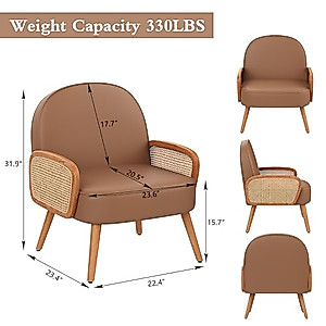 Aklaus Mid Century Modern Accent Chair Armchair with Rattan Arms Upholstered Rattan Boho Accent Chair for Living Room Bedroom Balcony Faux Leather Reading Chairs Side Club Chair Brown