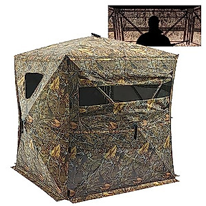 BASSDASH Hunting Blind 270 Degree One-Way See Through 2 Person Portable Pop Up Ground Hunting Tent with Detachable Blackout Wall Curtain, Frame Door, Carrying Backpack for Deer Turkey Hunting