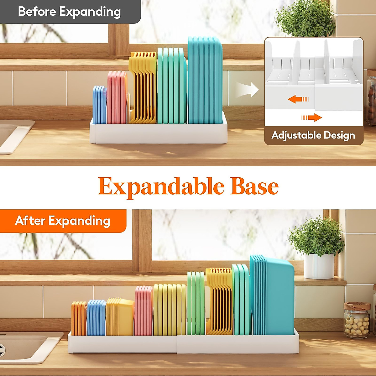 Lifewit Lid Organizers for Cabinet Adjustable, Extra Large 13-24" Food Storage Container Lid Divider with 8 Inserts & 21 Compartments, Plastic Lid Holder Inside Cabinet in Kitchen/Pantry Organization