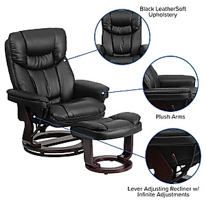 Flash Furniture Allie LeatherSoft Upholstered Recliner with Footrest, Arms, and Headrest, Padded Swivel Recliner Chair and Ottoman Set, Black