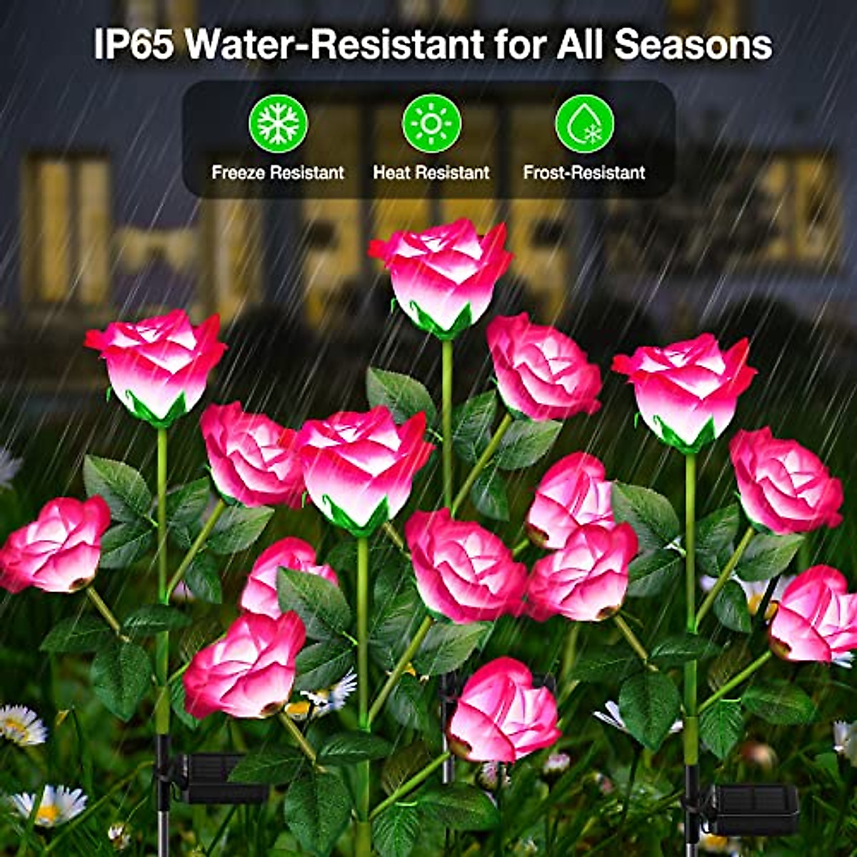 BUCASA Solar Garden Lights Outdoor 4 Pack, Upgraded Waterproof Solar Powered Outdoor Lights with 16 Rose Flowers, Bright Color Changing Solar Flower Lights for Pathway Walkway Patio Yard Lawn