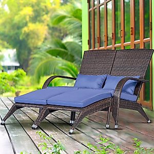 Outdoor Patio Wicker Adirondack Loveseat Bench Outside Small Loveseat Sofa Couch Rattan Fire Pit Chairs Comfy Patio Chair Low Deep Seating High Back with Ottoman Cushion for Porch Backyard Deck Navy