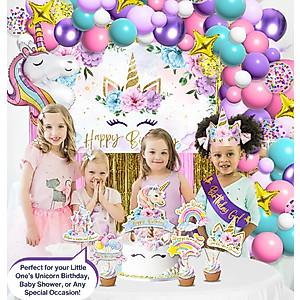 245 Pieces RainMeadow Unicorn Birthday Decorations for Girls Kit, All-in-1 Party Supplies Pack With Balloon Garland, Fringe Curtains, Foil Balloons, Backdrop, Crown, Sash - Pink, Purple, Teal, Gold