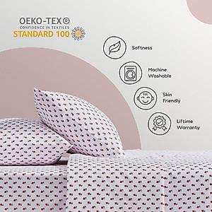 SLEEP ZONE Kids Printed Twin Bed Sheets Set 3-Piece - Super Soft & Cute Kids Sheet Set with Flat Sheet, Fitted Sheet, Pillowcase (Twin, Little Bouquet Red)