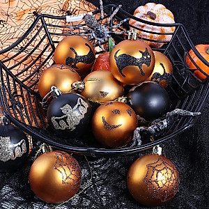 Halloween Hanging Ball Ornaments, 12pcs 2.16" Halloween Hanging Glitter Ball Decorations Plastic Reflector Rounds Hounted House Prop Toys, Spider Web Ghost Cat Printed for Halloween Hanging Decor