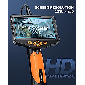 Triple Lens Borescope Inspection Camera, Teslong Professional Endoscope with Light, Digital Video Scope Camera, 5" IPS Screen, Waterproof Flexible Cable for Automotive/Home/Wall/Pipe/Car (16.4ft)